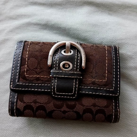 Coach | Bags | Coach Signature Monogram Dark Brown Jaquard Trifold ...